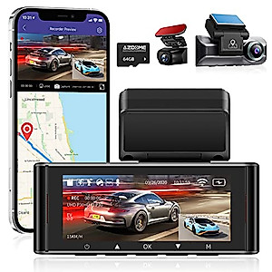 AZDOME 4K Dual Dash Cam Built-in WiFi GPS Front 4K/2.5K and Rear 1080P, with 64GB Card, Dual Dash Camera for Cars, 3.19" Display, Dashboard Camera Recorder Capacitor, Parking Mode, Support 256GB Max