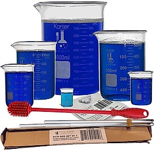 Glass Low Form Beaker Set with Glass Stirring Rod Set, Magnetic Stir Bar Set, and Silicon Cleaning Brush, 6 Sizes -10, 50, 100, 250, 500, and 1L, 3.3 Borosilicate Glass, Karter Scientific