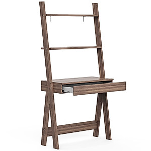 Giantex 3 Tier Ladder Desk with Drawer, 33" Width Walnut Ladder Shelf with Anti-Tipping Device, Freestanding Bookshelf, Leaning Computer Desk with Shelves for Small Space