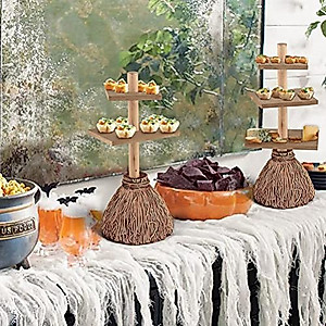 Halloween Broom Wooden 3 Tier Tray Cupcake Server Kitchen Farmhouse Rustic Tiered Tray Decor for Home Table House Room