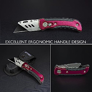 Folding Utility Knife/Carpet Knife/Box Cutter Stainless Steel + 5 Extra Replaceable SK5 Anti-rust Blades+ Nylon Pouch