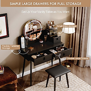 DOLILO 35" Vanity Desk with Mirror and Lights, Makeup Vanity with Lights, 3 Modes Brightness Adjustable, Vanity Mirror with Lights and Table Set with Vanity Stool 3 Sliding Drawers (Black)