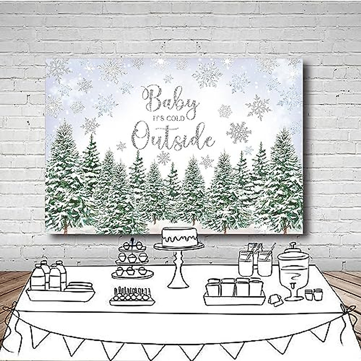 MEHOFOND 7x5ft Winter Baby Shower Backdrop Baby It's Cold Outside Snowflake Forest Pine Tree Green Photography Background Baby Shower for Boys Party Banner Decorations Photo Booth Props
