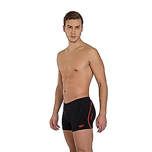 Speedo Men's Endurance+ Polyester Solid Square Leg Swimsuit for Men (Black/Lava Red, 38)
