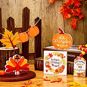 10-Piece Fall Tiered Tray Decor - Rustic Farmhouse Tray Decor with Pumpkin Wooden Signs, Turkey Table Centerpieces, Wood Bead Garland, Harvest Wood Blocks for Thanksgiving & Home Wall/Door (Pumpkin)