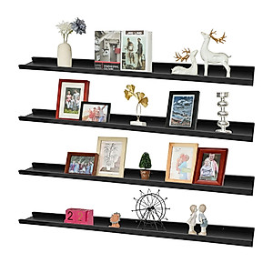 PHOENANCEE Long Floating Shelves for Wall 57 Inch,Real Wood Picture Ledge with Lip Set of 4,Photo Frame Storage Display for Living Room Nursery Bedroom Bathroom Kitchen Home Office Decor Rustic Black