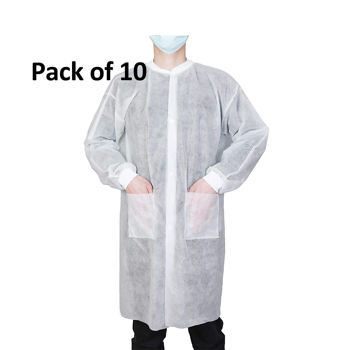 Cleaing Pack of 10 Disposable Lab Coats for Adult Large, 2 Pockets with Knitted Collar and Cuffs
