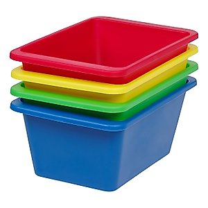 IRIS USA, Inc. Small Multi-Purpose Plastic Storage Bins, 4-Pack, Durable Thick Plastic Organizer Containers for Diapers Clothes Crafts Playroom Daycare Storage, Primary Colors