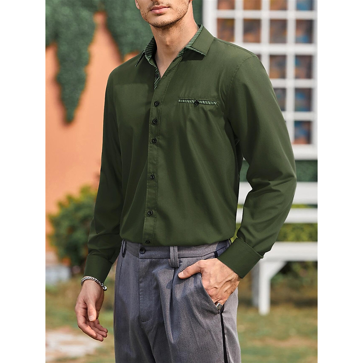 HISDERN Mens Dress Shirts Long-Sleeve: Button Casual Shirt - Green Dress Shirts for Men