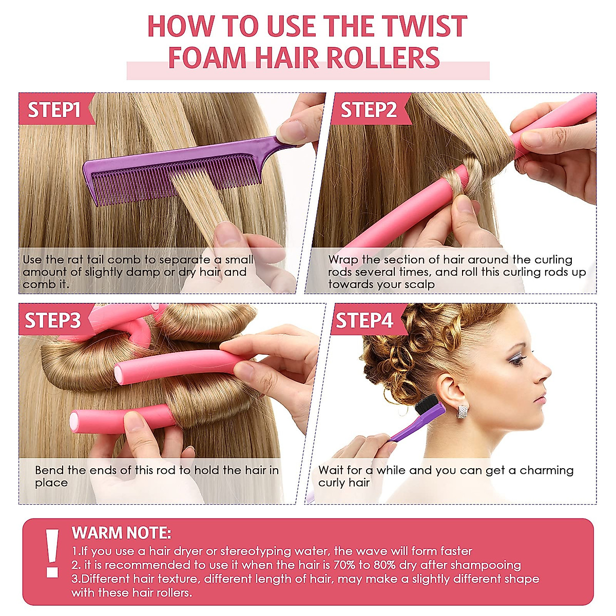 Tigeen 84 Pieces Flexible Curling Rods Twist Foam Hair Rollers Soft Foam Bendy Hair Rollers No Heat with Rat Tail Comb Edge Brush for Short Medium Long, 7 Sizes(Purple)