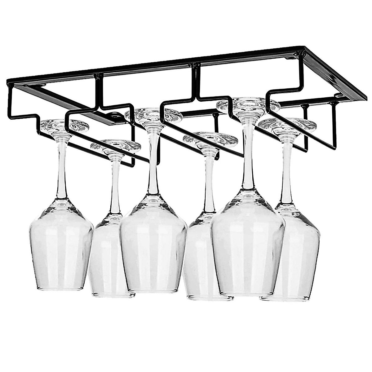 Wine Glass Holder, Wine Glass Rack Under Cabinet, Stemware Holder Metal Wine Glass Shelf Organizer, Wine Glass Storage Hanger Metal Organizer for Bar Cabinet Kitchen Decor (1 Pack, Black, 3 Rows)