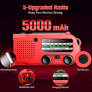 iRonsnow 5000mAh AUTO Alert Emergency Weather Radio, Solar Hand Crank Portable NOAA AM/FM Radio with Headphone Jack Power Bank USB Phone Charger, SOS Alarm Flashlight, Reading Light for Camping Hiking