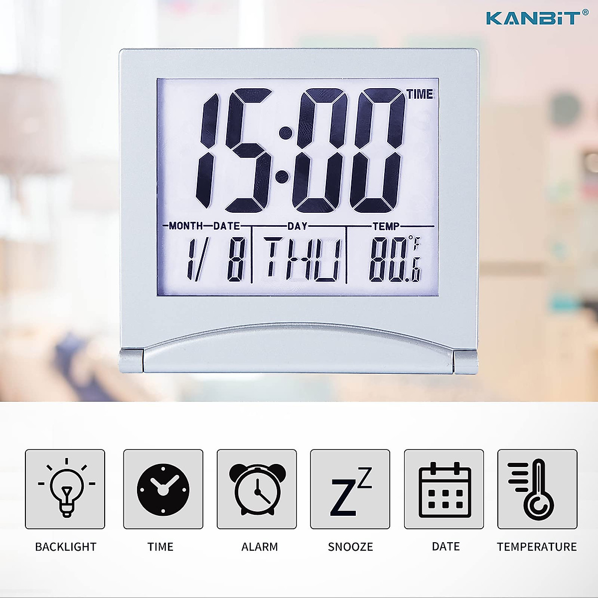 KANBIT Small Digital Travel Alarm Clock Battery Operated, Portable Large Number Display Loud Alarm Clock with Temperature, Night Backlight, 12/24 H Desk Clock -Silver (White Light)