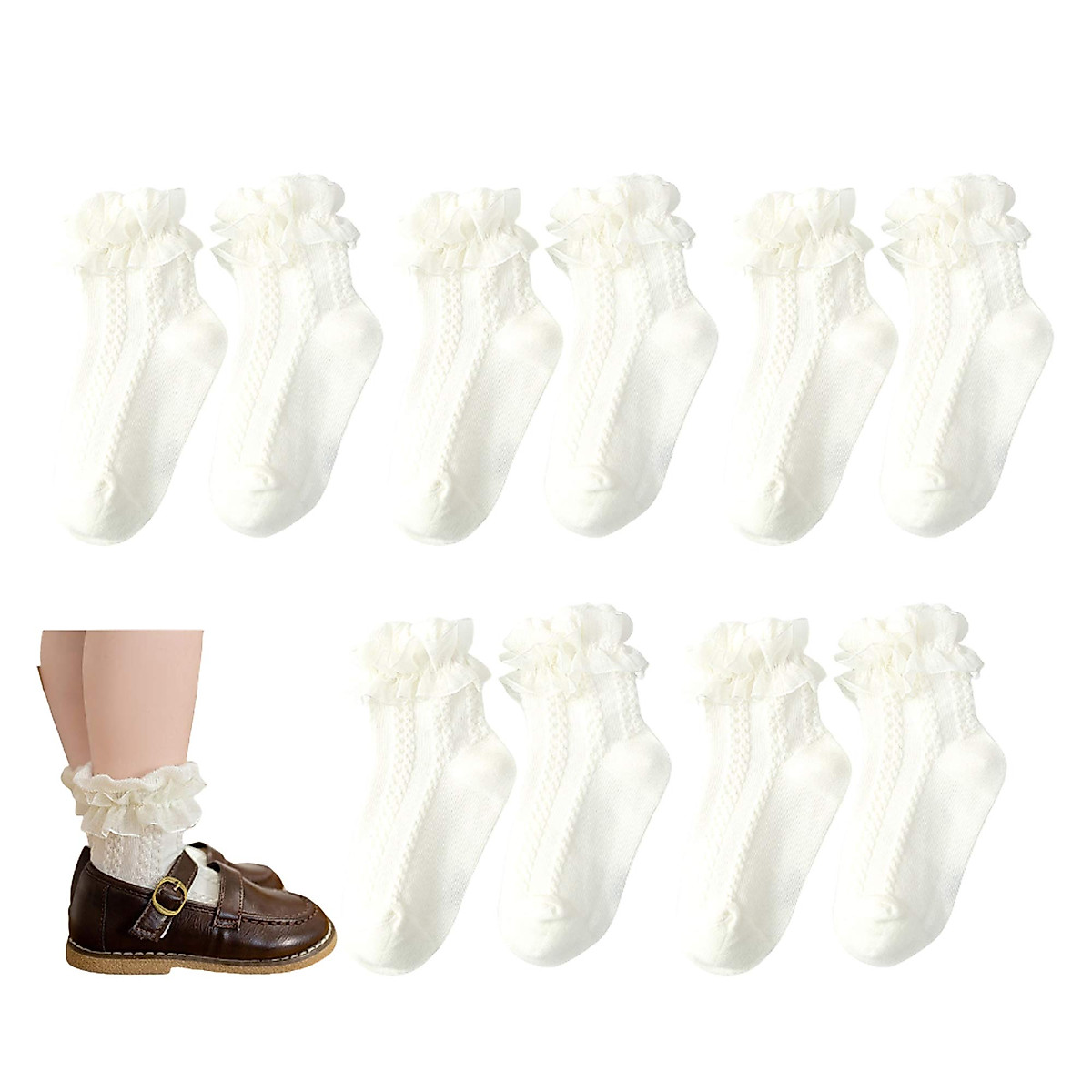 5 pairs Baby Girls Ruffle Socks White Kids Toddler Frilly Lace Ruffle Dress Cotton Socks 2-3T