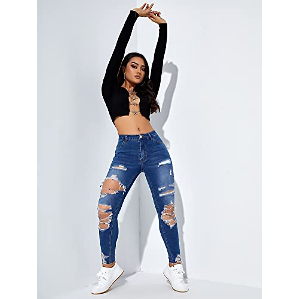 Floerns Women's Cut Out Ripped Jeans Raw Hem High Waist Skinny Denim Pants Blue S