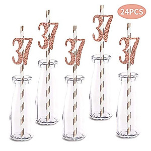 Rose Happy 37th Birthday Straw Decor, Rose Gold Glitter 24pcs Cut-Out Number 37 Party Drinking Decorative Straws, Supplies