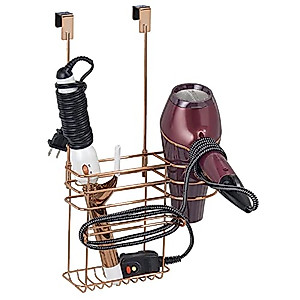 mDesign Metal Bathroom 2 Section Storage Tool Organizer Basket Tray - Hang Over Cabinet Door - Storage for Hair Dryer, Straightener, Curling Iron, Styling Products - Concerto Collection - Rose Gold