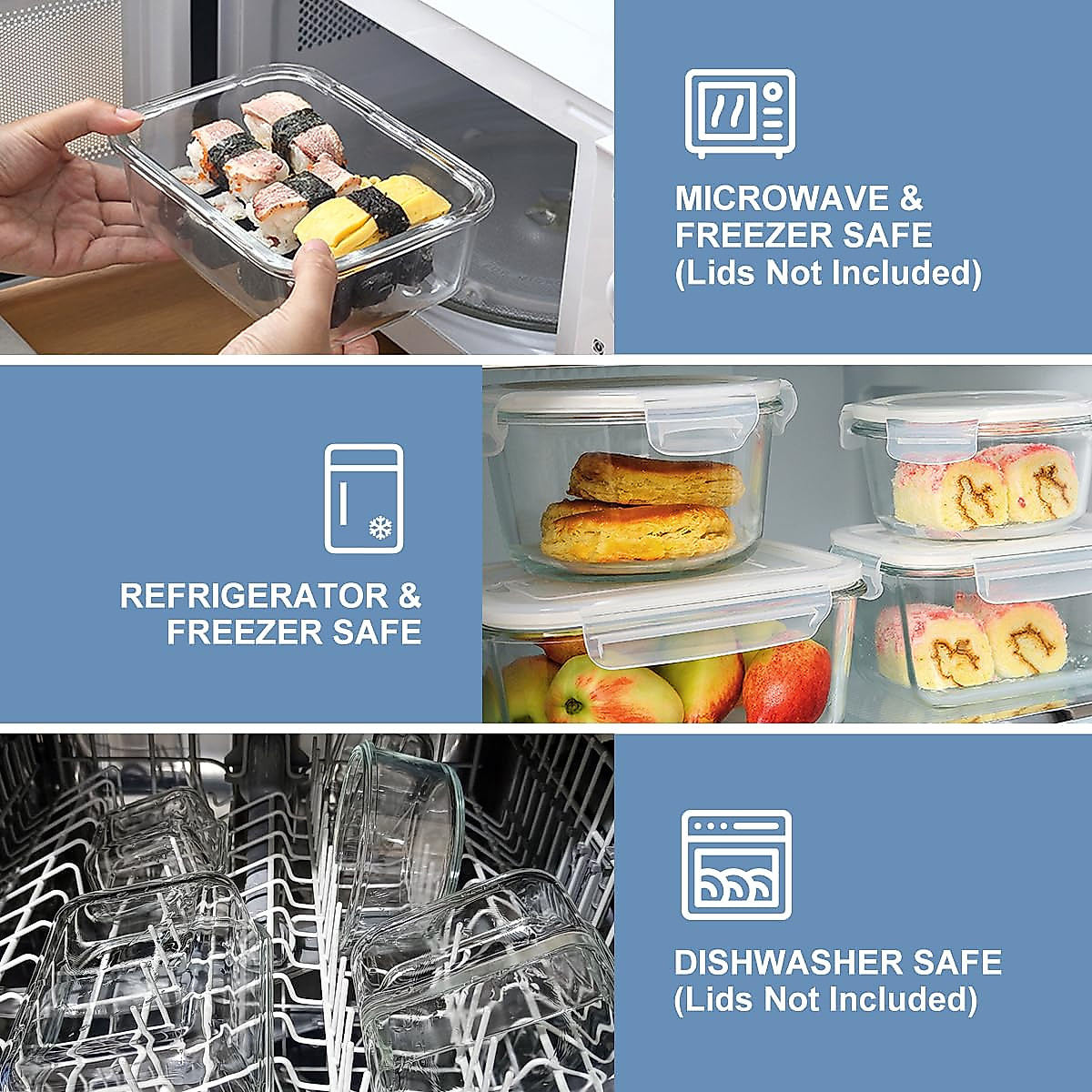 DASAAN 10 Piece Glass Food Storage Containers with 2 compartment and Airtight Lid, Glass Meal Prep Containers, Easy Stack Containers, Freezer to Oven, Microwave and Dishwasher safe