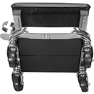 AR7451B Torin Heavy Duty Rolling Creeper Garage/Shop Seat: Padded Mechanic Stool with Tool Tray Storage and Cup Holder, Black