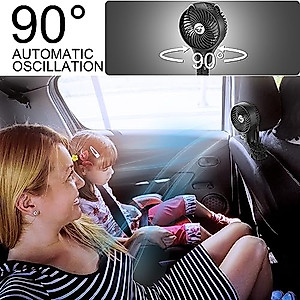 Auto Oscillating Stroller Fan, USB Rechargeable Battery Powered Baby Fan, 3 Powerful & Quiet Speeds 90° Oscillation Portable Fan with Flexible Tripod for Stroller Car Seat Crib Desk Camping Travel