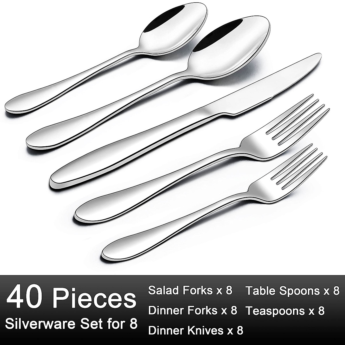 Homikit 40-Piece Silverware Set, Stainless Steel Flatware Cutlery Set for 8, Modern Home Restaurant Wedding Eating Utensils, Include Knife Spoon Fork, Dishwasher Safe, Mirror Polished