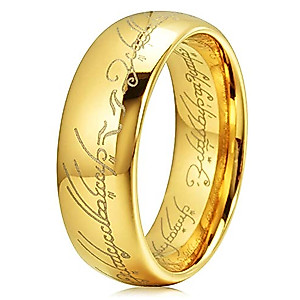 THREE KEYS JEWELRY 8mm Tungsten Wedding Ring 18K Gold Plated Band Script Laser for Men Women Size 10