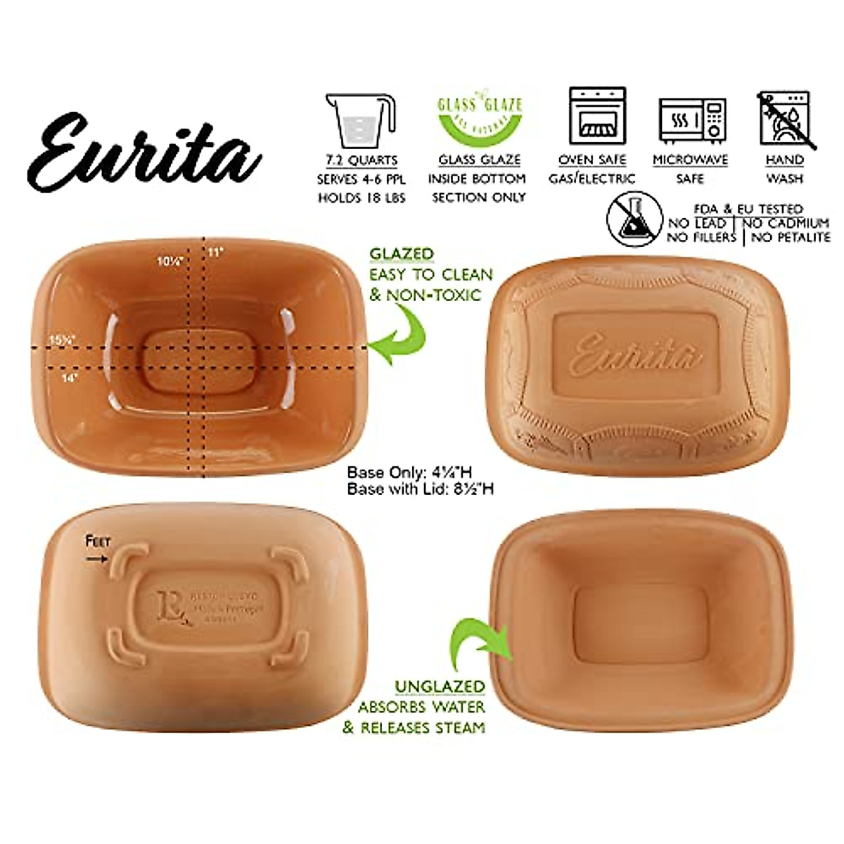 Eurita Clay Roaster, 7.2 Quart, Non-Stick Earthenware, Toxin-Free, Healthy Clay Pot Cooking, Versatile Cooking Dutch Oven, Digital Recipe and Instructions Included