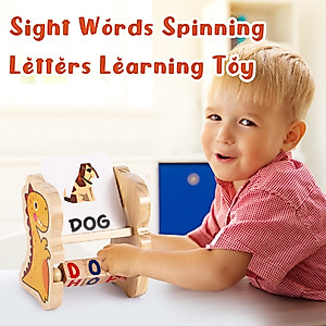Atoylink Wooden Reading Blocks Spelling Games with Sight Word Flash Cards Turning Rotating Letters Dinosaur Toy Preschool Spinning Alphabet Matching Letter Montessori Learning Toys for Kids Boys Girls