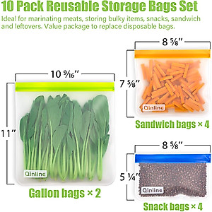 Qinline Reusable Food Storage Bags - 10 Pack Freezer Bags, BPA Free Reusable Bags Silicone, Extra Thick Leakproof Reusable Lunch Bag for Salad Fruit Snack Travel - 2 Gallon 4 Sandwich 4 Snack Bags