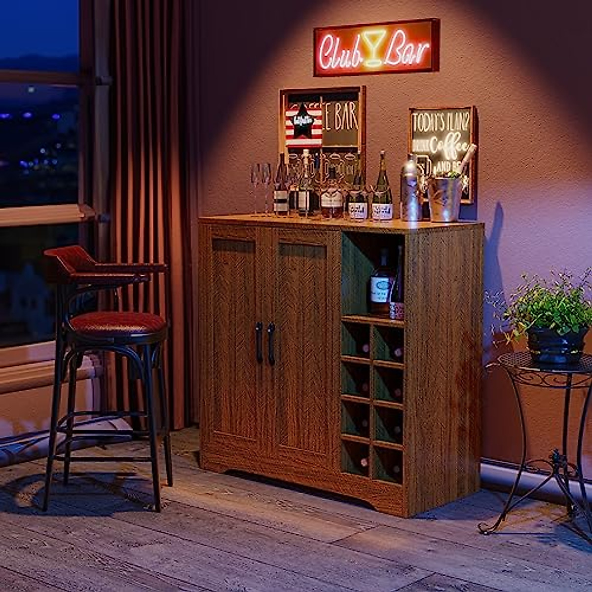FROMJBEST Wine Bar Cabinet, Coffee Bar Cabinet with 2 Door and Shelf, Glass Holder, Accent Storage Cabinet, Buffet Sideboard for Dining Room, Kitchen (Brown)