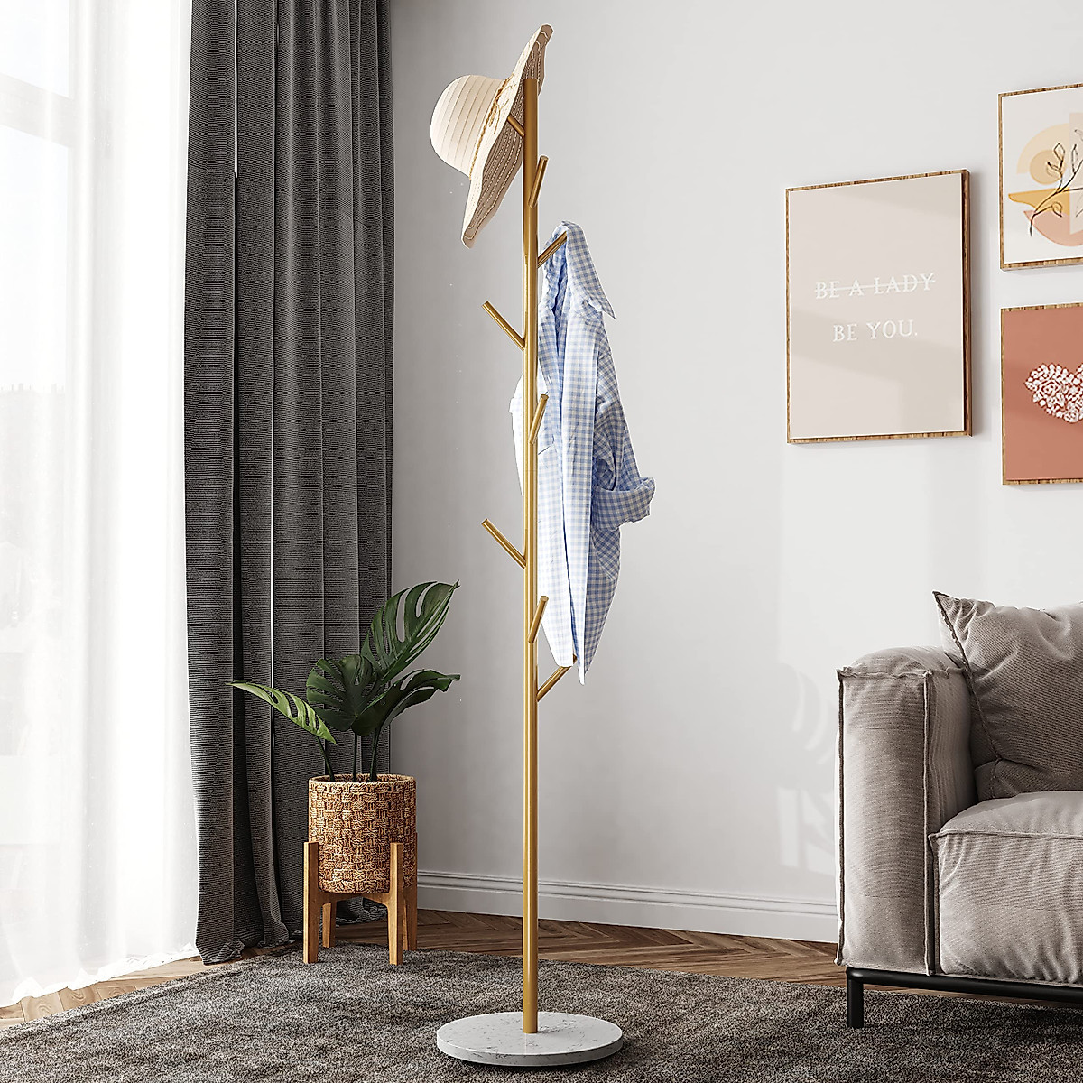TIEOU Free-standing Coat Rack Gold, Hat Hanger Hall Tree, Metal Coat Hangers for Scarves, Backpacks, Umbrellas, Purses, Simple Coat Stand, Stylish Coat Tree with Stable Round Marble Base, 8 Coat Hooks