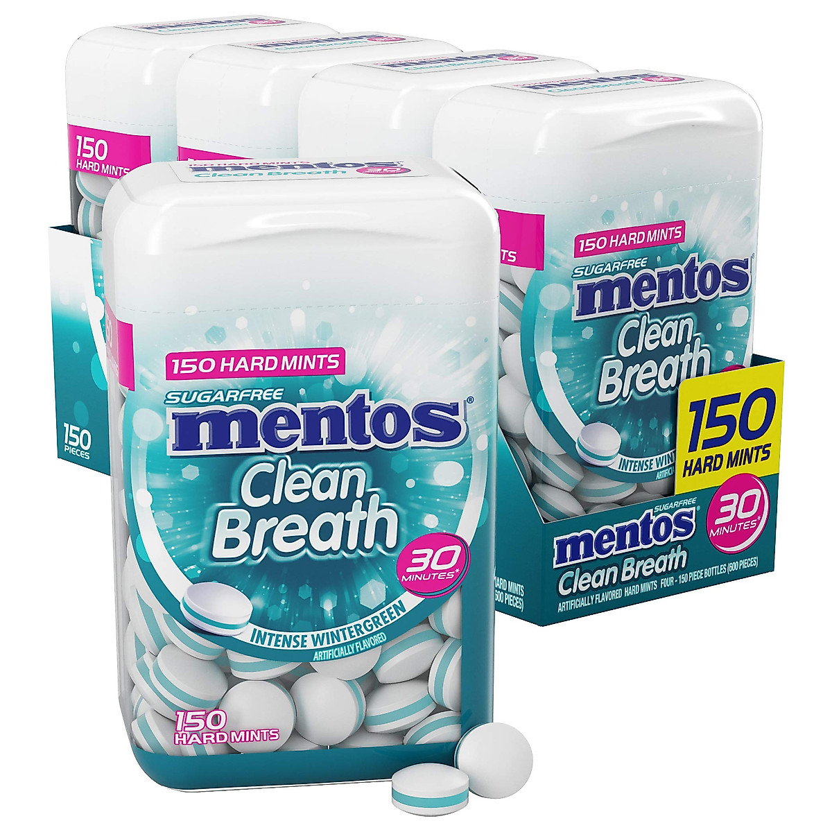 Mentos Clean Breath Sugarfree Hard Mint, 150pc, Intense Wintergreen (Pack of 4 Bottles)