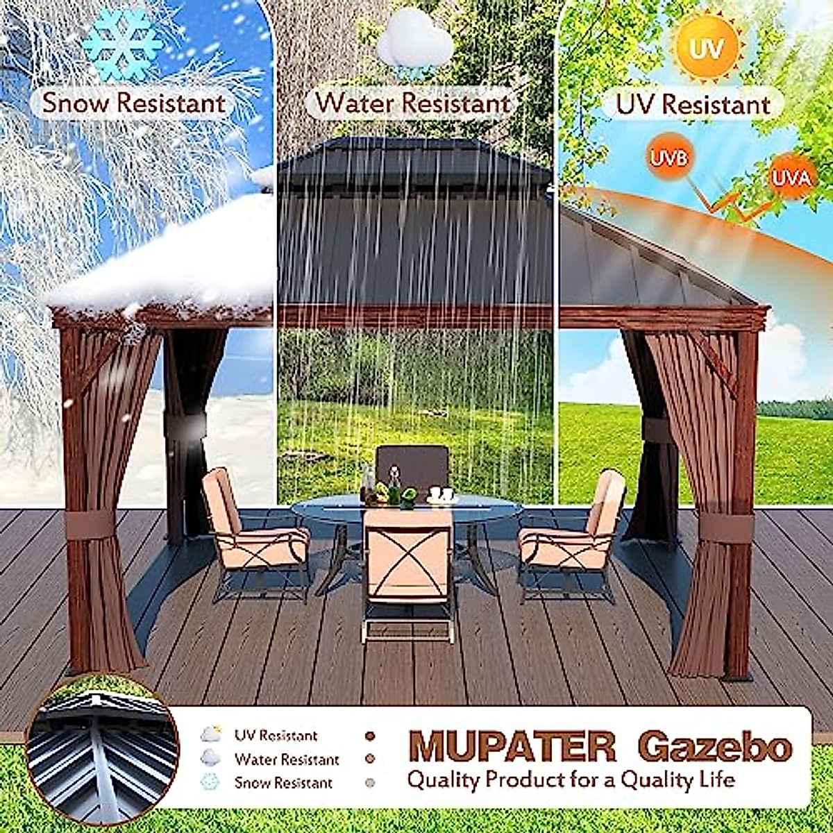 MUPATER 10' x 12' Gazebo, Wooden Finish Coated Aluminum Frame, with Double Galvanized Steel Hardtop Roof, Netting and Curtains for Garden, Patio, Lawn and Parties