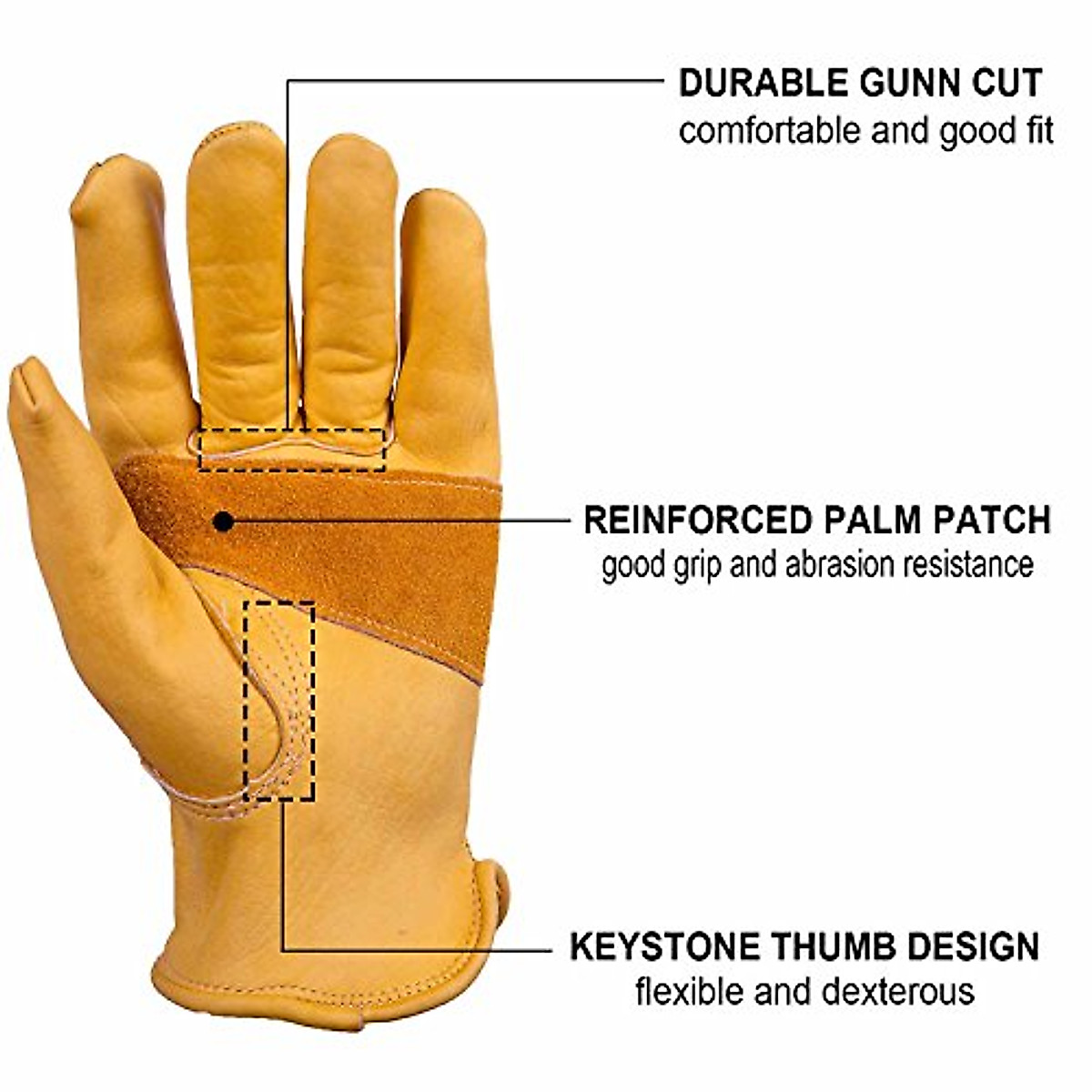 OZERO Flex Grip Leather Work Gloves Stretchable Wrist Tough Cowhide Working Glove 1 Pair (Gold, Large)