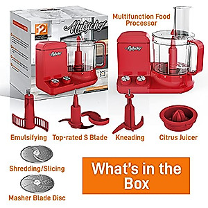 NutriChef NCFPRED Multifunction Food Processor-Ultra Quiet Powerful Motor, Includes 6 Attachment Blades, Up to 2L Capacity (Red), One Size