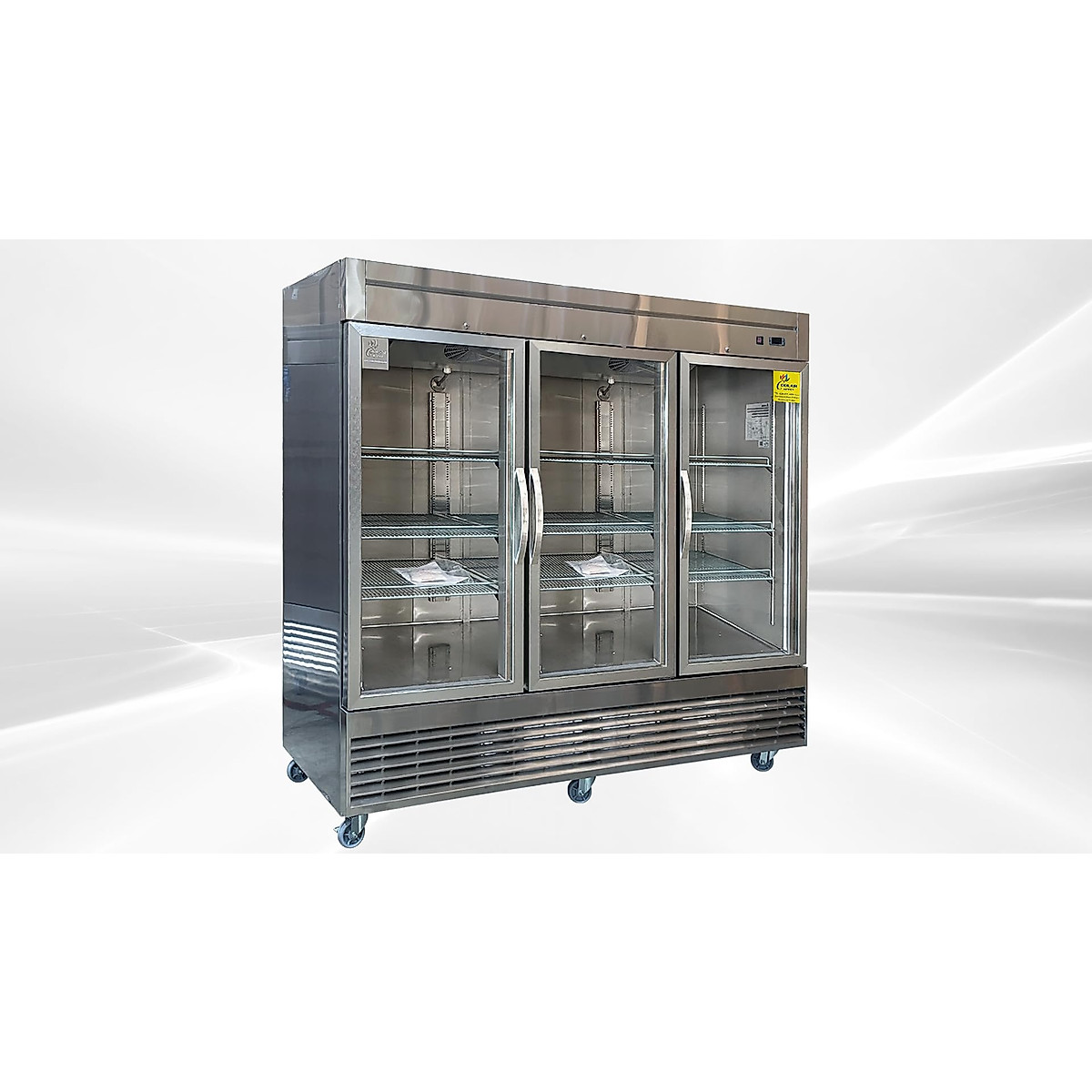 Commercial Refrigerator Glass 3-Door Merchandiser Display Cooler Fridge Stainless Steel Case NSF, Bottom-Mounted 83 inches width, capacity 65 cuft 110V, Restaurant Kitchen Cafe C83RG