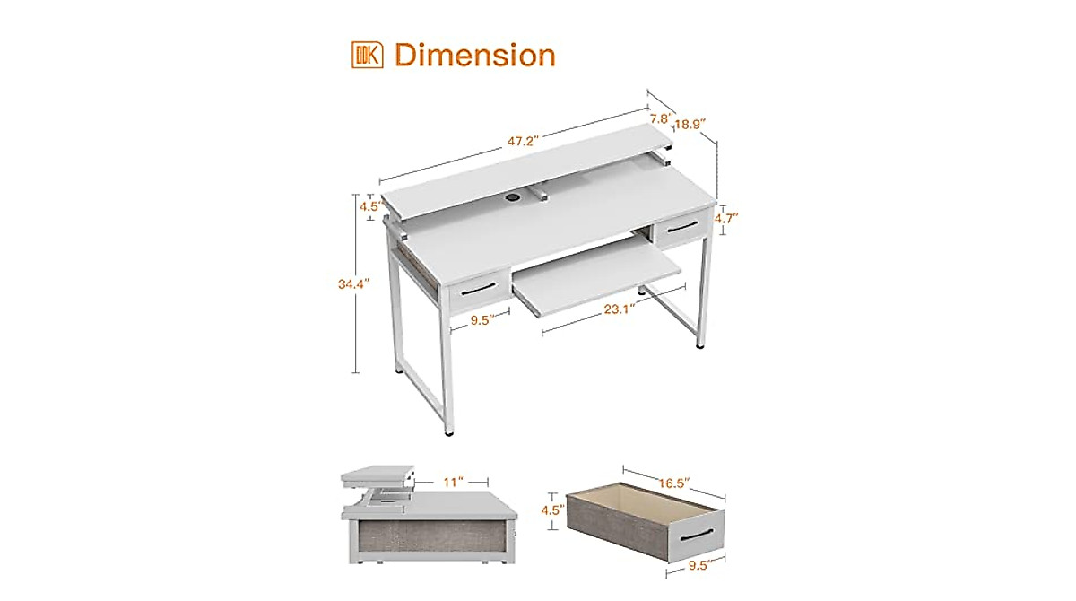 ODK 47-Inch Office Desk with Monitor Shelf & Storage for Home Office