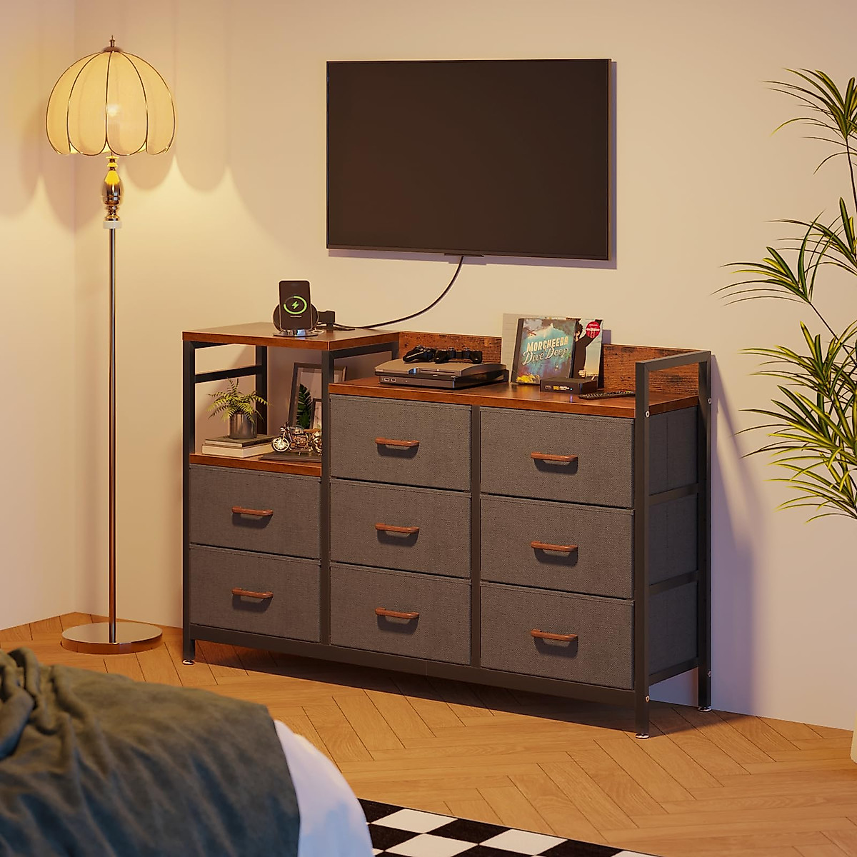 ODK Dresser with Charging Station, 52-Inch Long Dresser for Bedroom with 8 Storage Drawers, Fabric Dressers Chests of Drawers with Sturdy Steel Frame and Wooden Top, Vintage and Dark Grey