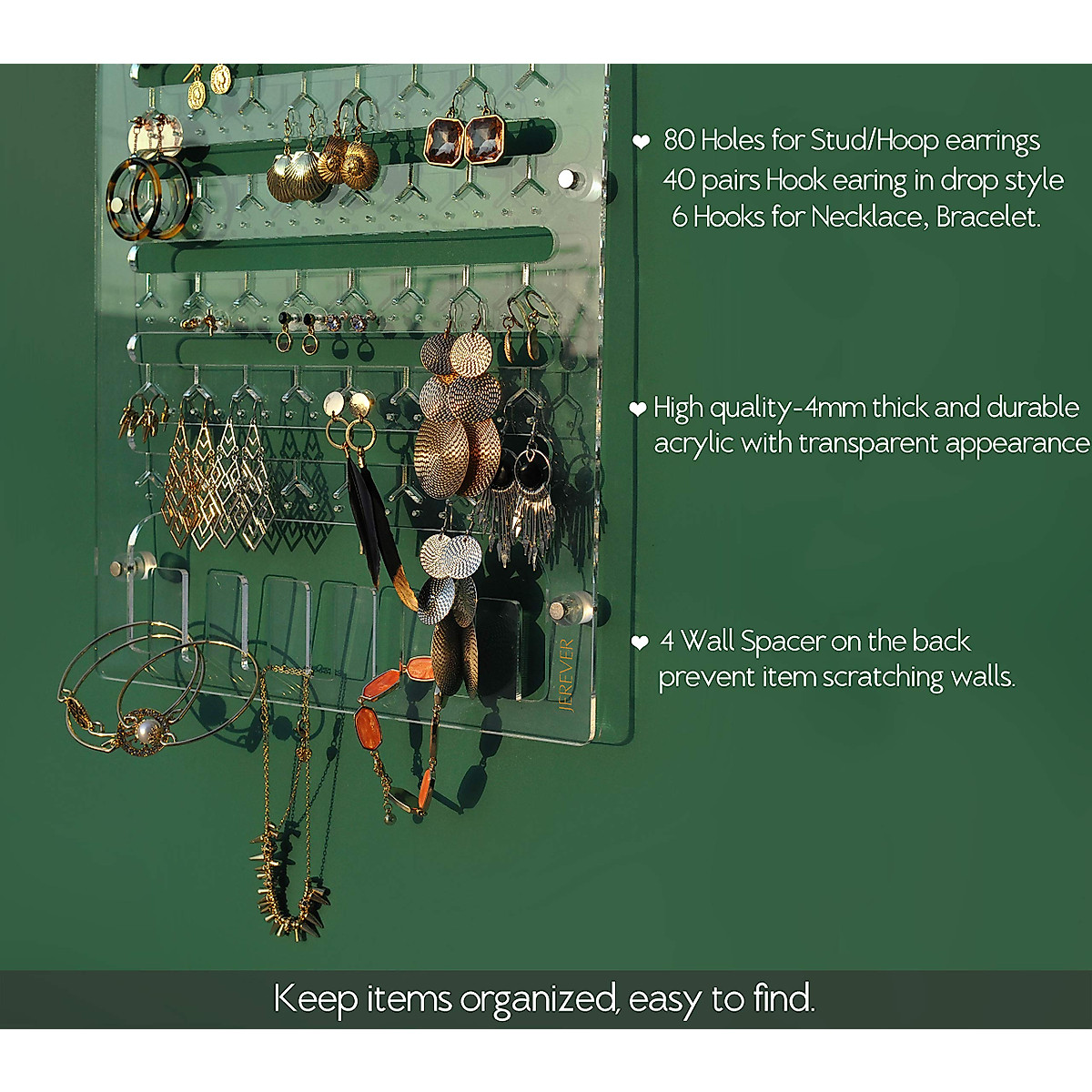 JEREVER Earring Holder for Wall Hanging Jewelry Organizer Display Acrylic Hanger Rack with 96 Holes, 6 Hooks for Necklaces, Bracelets (Accessories are not included)