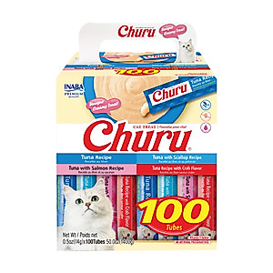 INABA Churu Cat Treats, Lickable, Squeezable Creamy Purée with Vitamin E, 0.5 Ounces per Tube, 100 Tubes Total, Tuna Variety