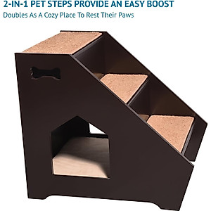 ARF Pets Cat Step House – Wooden Pet Stairs w/ 3 Nonslip Steps, Built-in House for Dogs, Cats & Short Pets to Reach Bed, Couch, Window, Car & More Extra Bonus Cushion Included