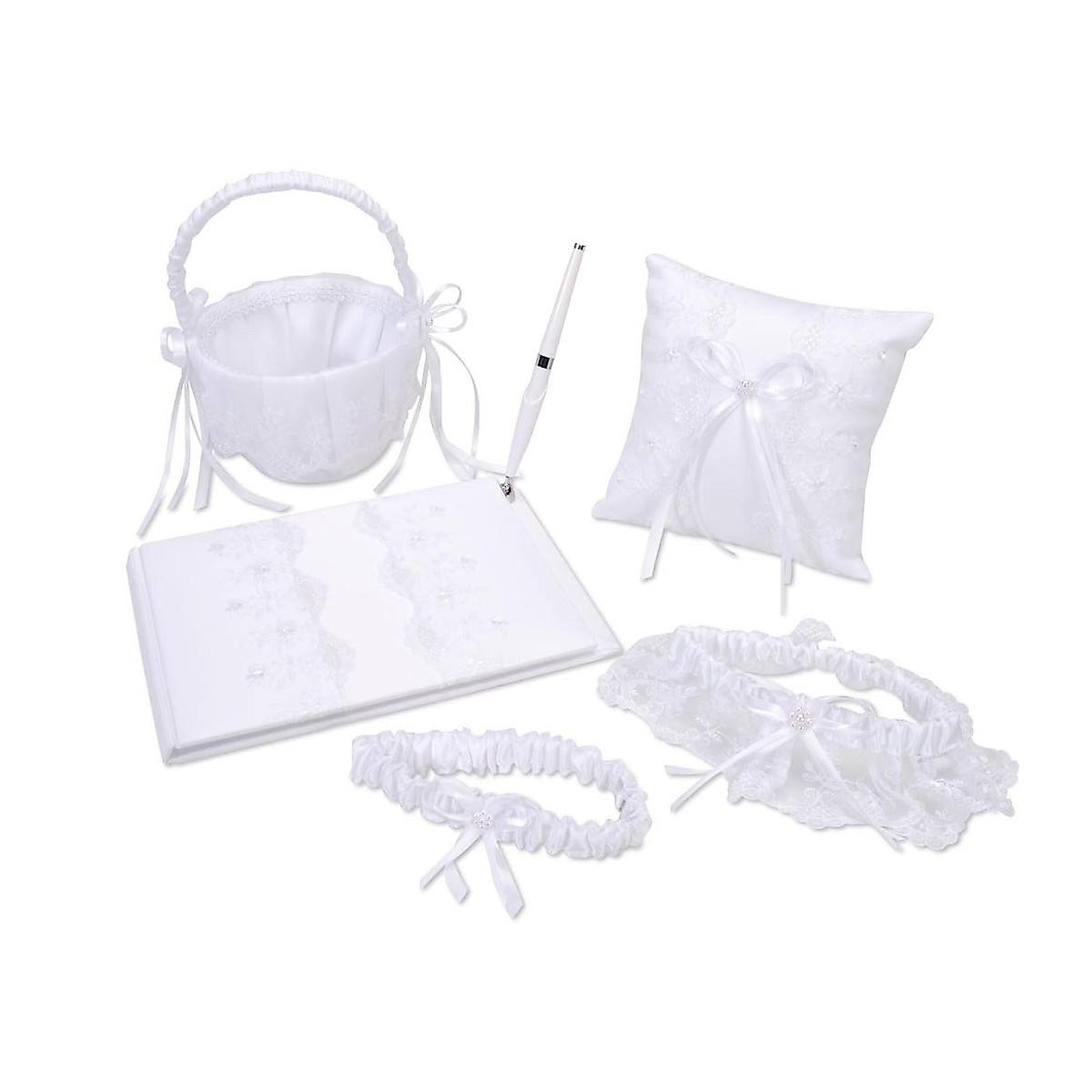 Darice VL440W, Garter Book with Pen Pillow Basket, 2-Garter Lace, 5-Piece, ST White