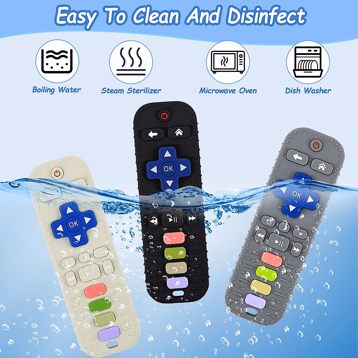 Jkevow 3 Pack Baby Teething Toys, Silicone Teethers Toys for Babies 0-24 Months, Remote Control Shape Baby Teethers Chew Toys, BPA Free Freezable Relief Molars Gums Pain (Black+Blue+Pink)