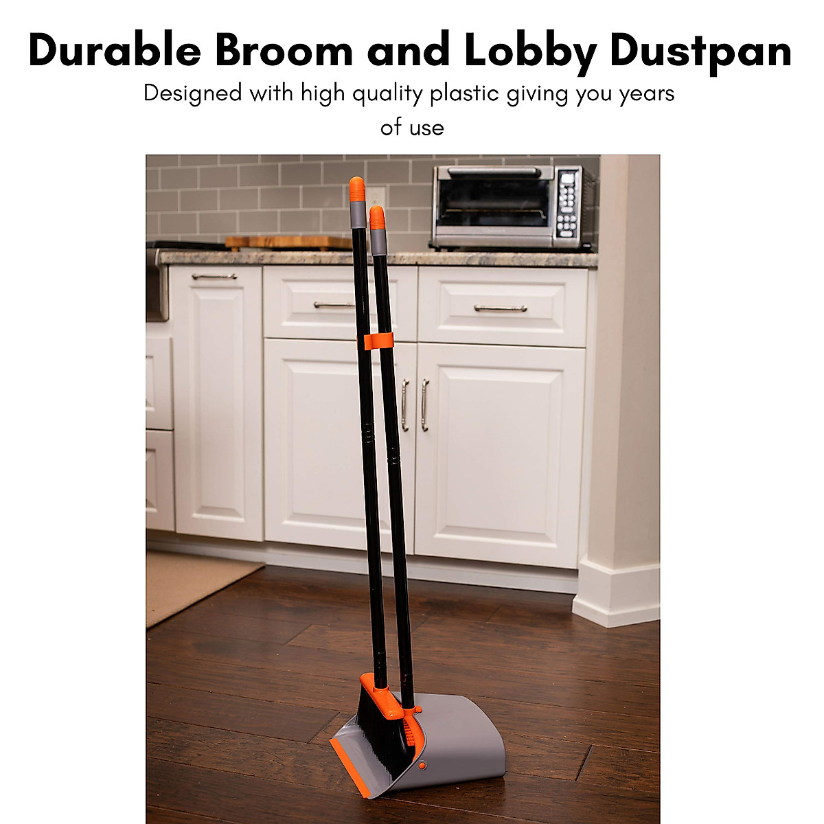 BirdRock Home Broom and Dustpan Set - Lobby Dust Pan - Orange and Grey Durable Set - Indoor or Outdoor - Sweep Combo Great for Kitchen, Home, Garage and Office - Clip On Self Cleaning Bristles