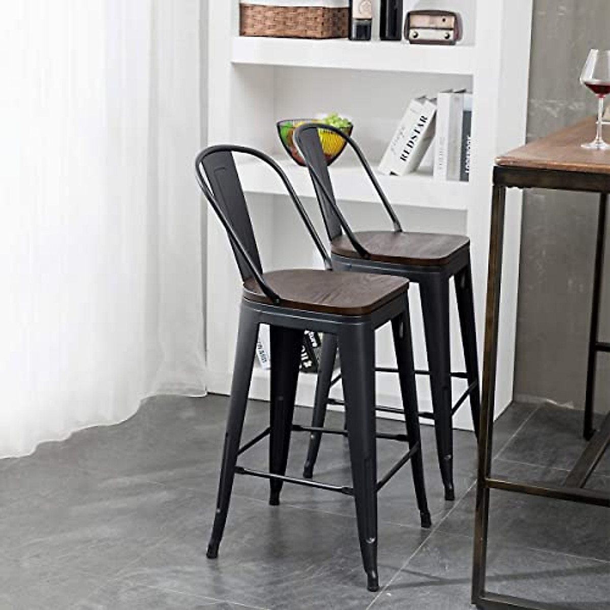 Aklaus Metal Bar Stools Set of 4,26 inch Barstools Counter Height Bar Stools with Backs Farmhouse Bar Stools with Larger seat High Back Kitchen Dining Chairs Modern Bar Chairs Matte Black Stool