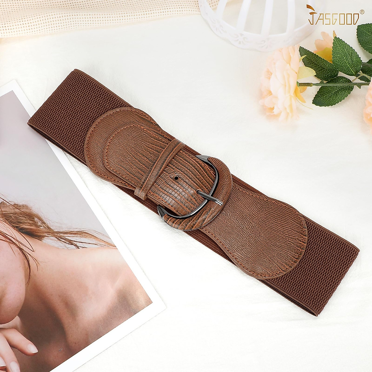 JASGOOD Women Stretchy Wide Waist Belt for Dress Ladies Elastic Belt Hook Buckle (Suit for Size 37-42 Inches,B-Brown)