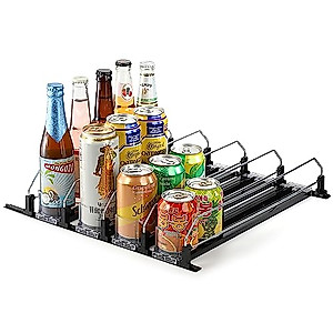 Yesland Drink Organizer for Fridge, 4 Rows Width Ajustable Soda Can Organizer for Refrigerator Self-Pushing Beverage Pusher Glide for Water Bottle, Beer Can, Juice Jar, Kitchen, Pantry, Black