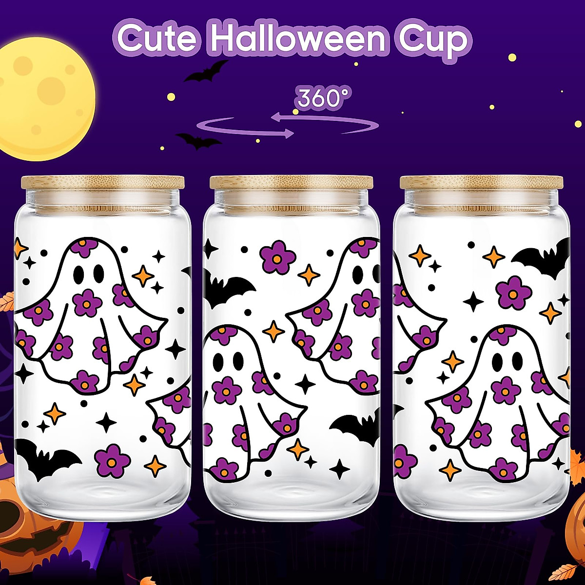 Coolife Purple Flower Ghost Halloween Cup, Cute Daisy Ghost Iced Coffee Cup, 16oz Floral Ghost Halloween Tumbler Glass Cups w/Lids Straws - Boo Basket Stuffers for Her, Halloween Gifts for Women Girl