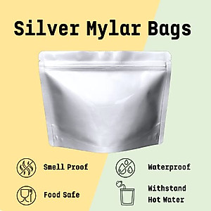 50 Pack 7.5 Mil Stand Up Bags - Resealable Smell Proof Bag withstand Hot Water for Meal Ready to Eat, Camping, Hiking - Foil Sealable Zipper Pouch for Food Storage (8.5x6.5 Inches, Glossy Silver)