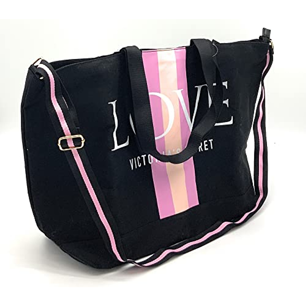 Victoria's Secret Weekender Tote Bag, Black Pink Stripes Love